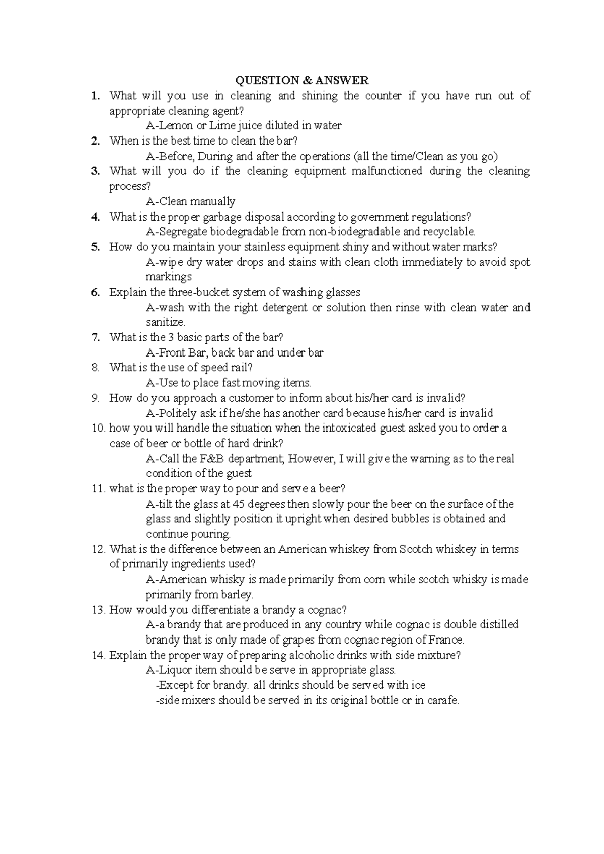 Bartending bshm - QUESTION & ANSWER What will you use in cleaning and ...