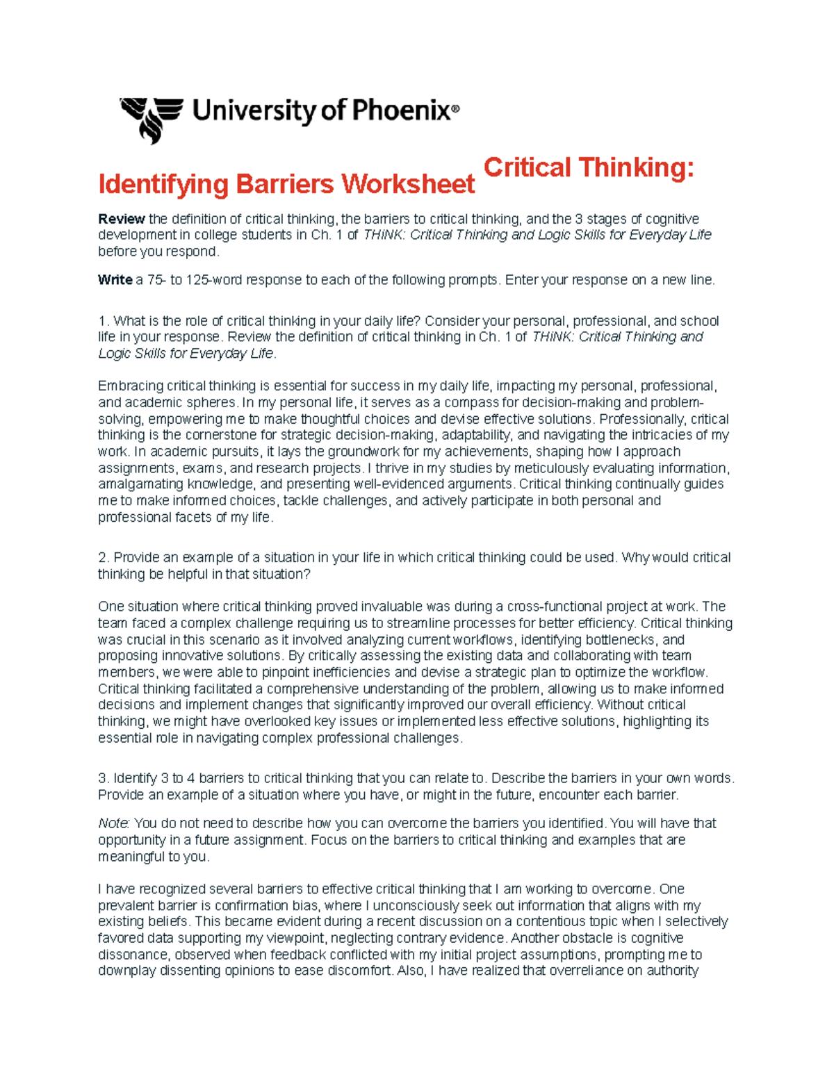 Hum115 v10 wk1 critical thinking identifying barriers worksheet ...