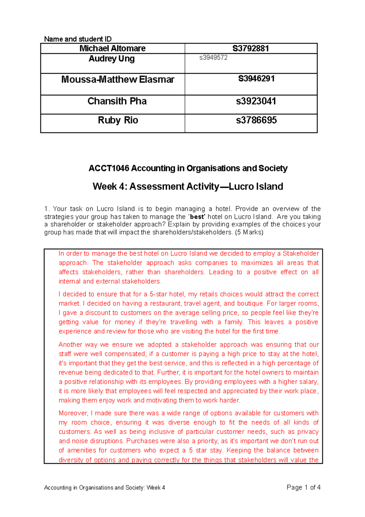 Week 4 Group Assessment-1 high low method - Name and student ID Michael ...