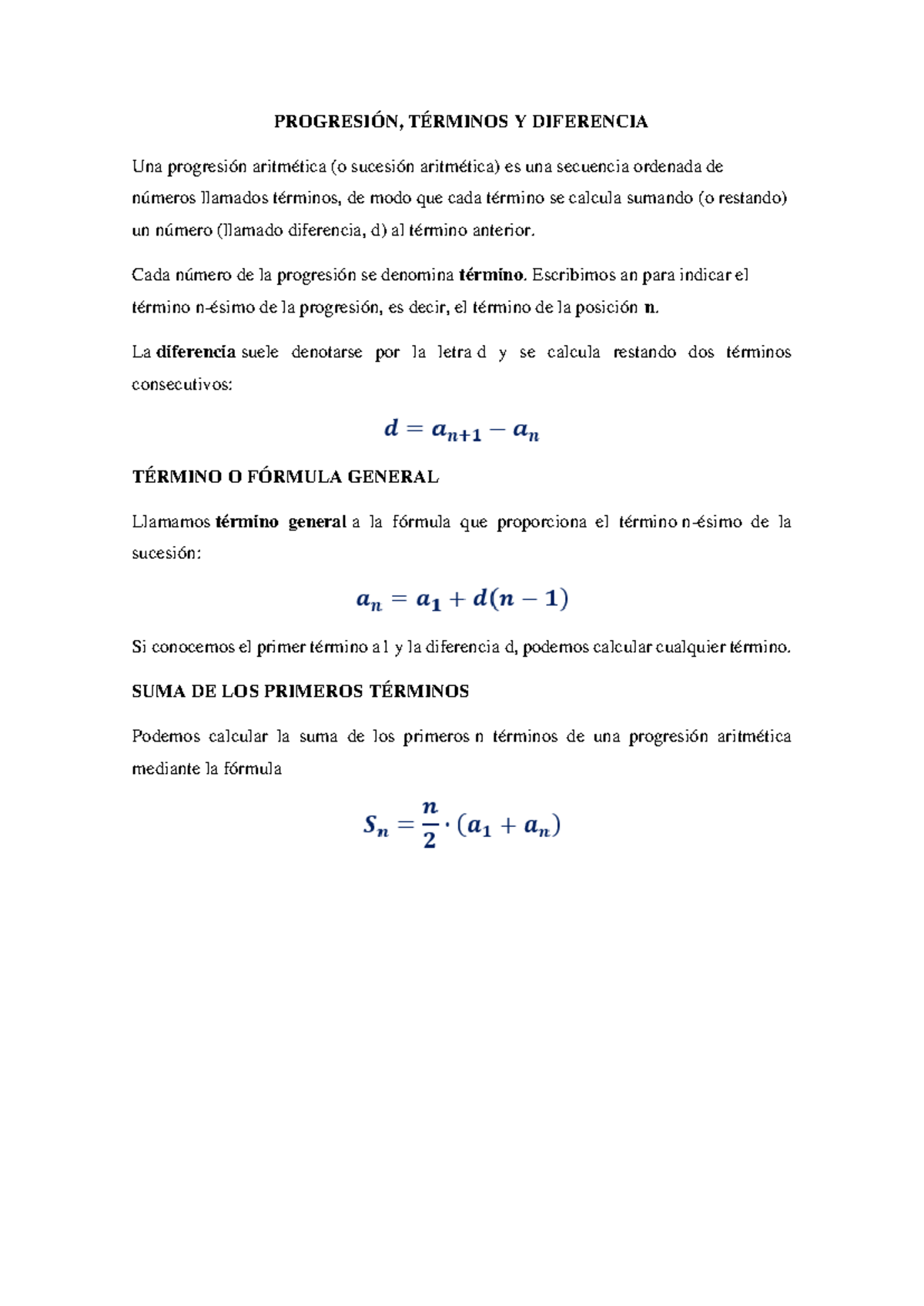 Progresiónes - FORMULAS - PROGRESIÓN, TÉRMINOS Y DIFERENCIA Una ...