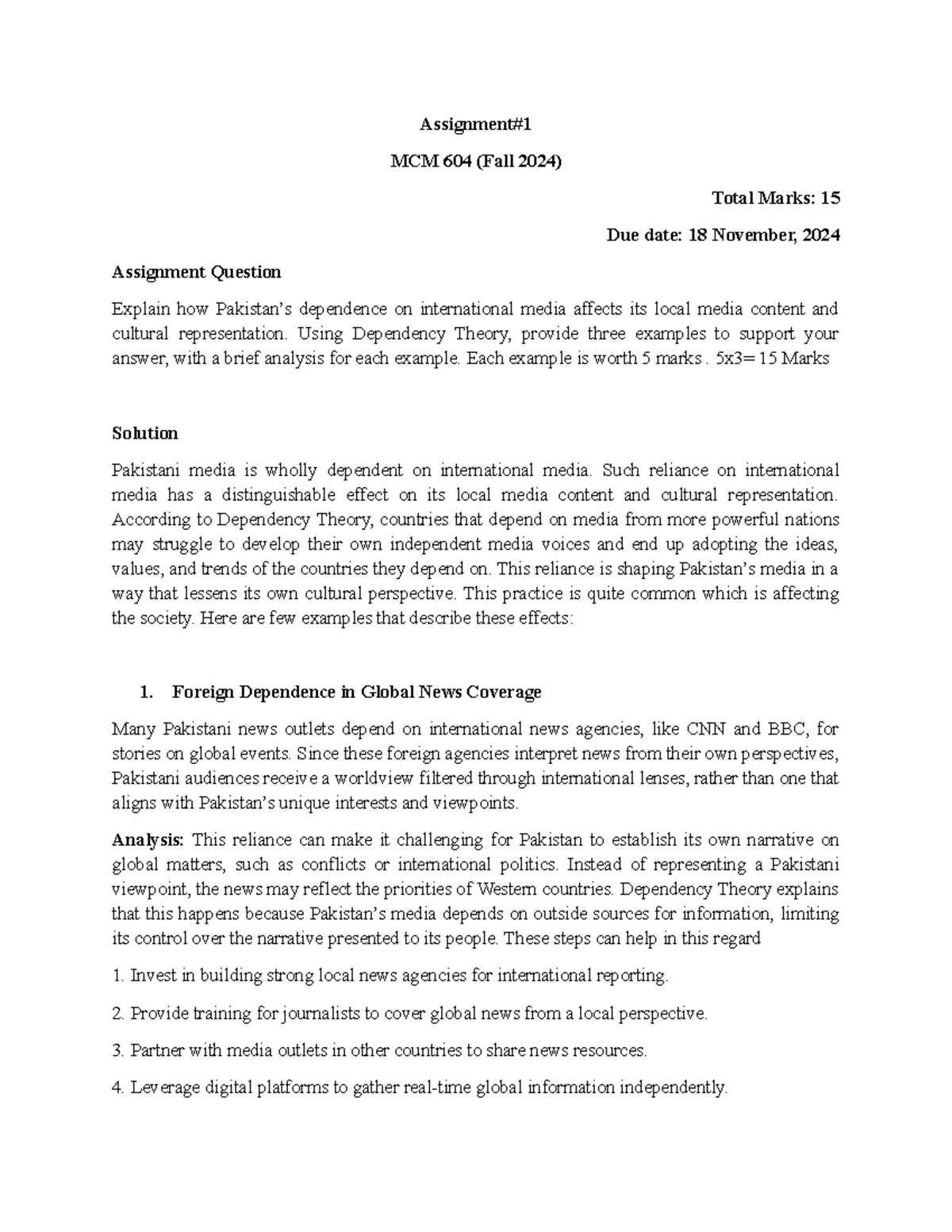 MCM604 Assignment 1 - Assignment# MCM 604 (Fall 2024) Total Marks: 15 Due date: 18 November ...