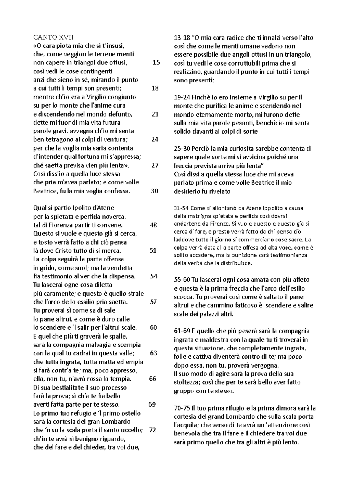 Paradiso, Canto XVII, Parafrasi e Analisi - CANTO XVII «O cara piota ...