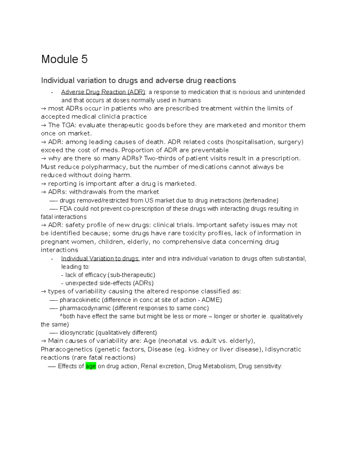 Module 5 revision pharma 1 - Module 5 Individual variation to drugs and ...