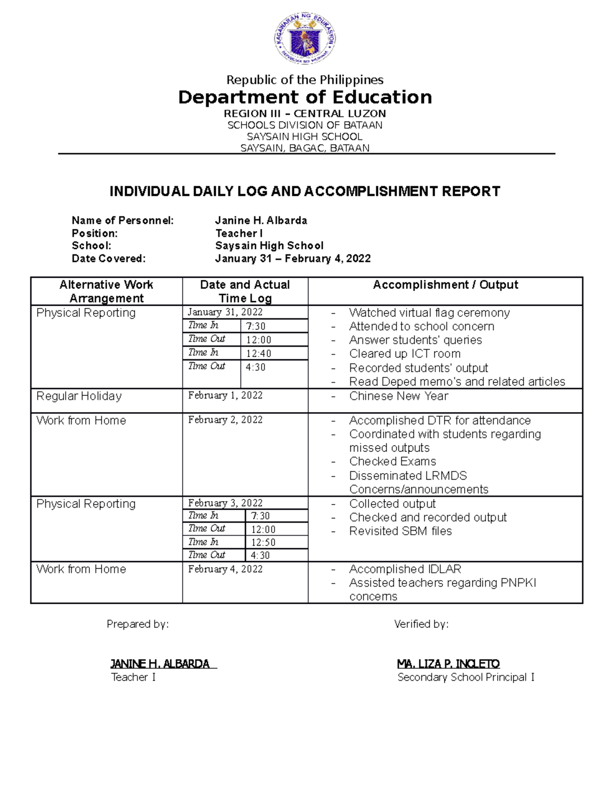 individual daily log - Republic of the Philippines Department of ...