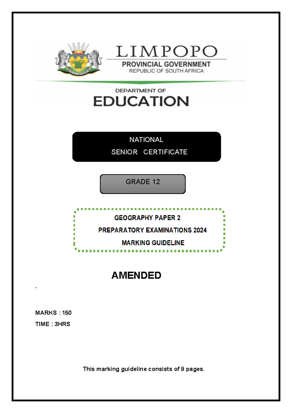 2024 Preparatory Amended MG P2 - AMENDED ` MARKS : 150 TIME : 3HRS This ...