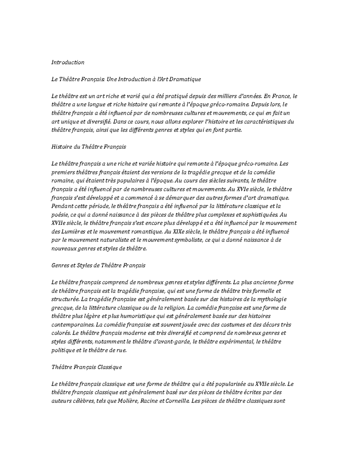 Theatre Notes de cours - Introduction Le Théâtre Français: Une ...