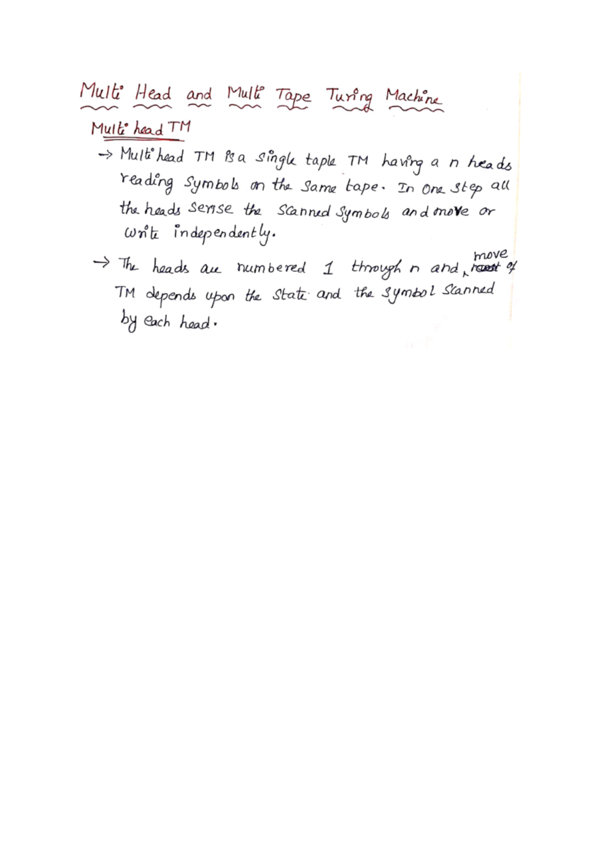 Unit 4 theory - FLA unit 4 - Multi Head and Multi Tape Turing Machine Multi head TM Multihead TM ...