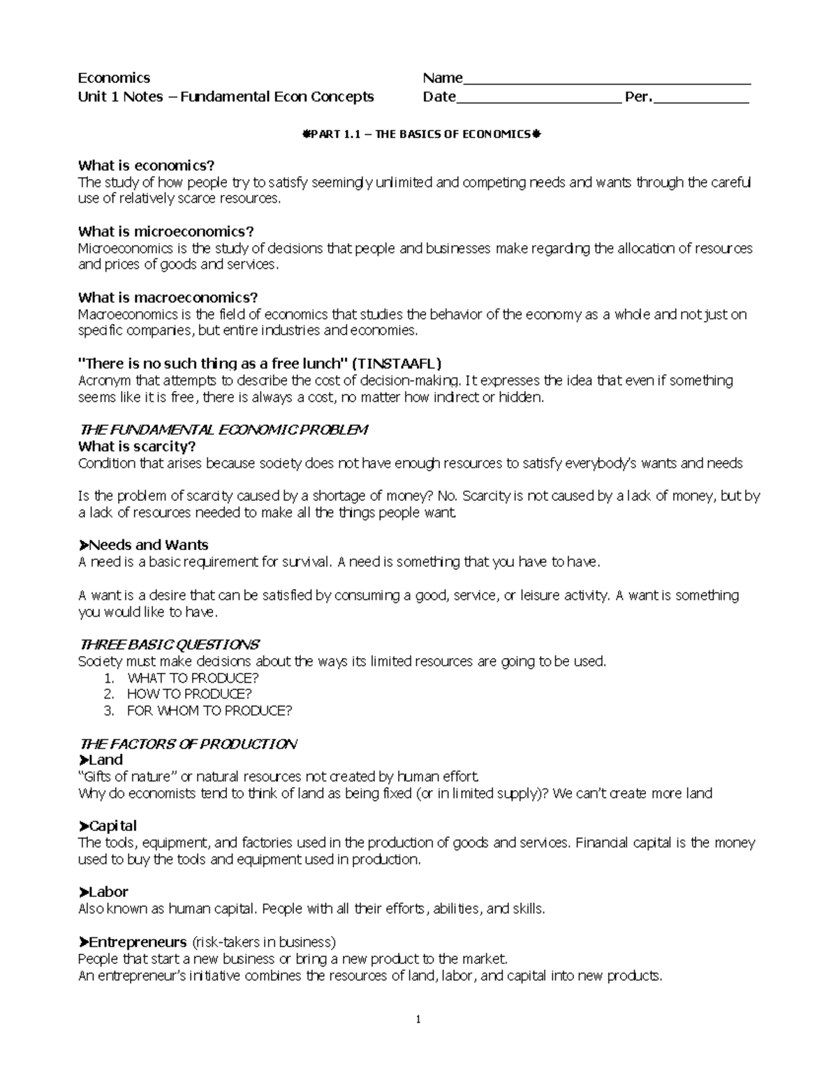 Econ 1-1 notes fall 2017 - Economics Name ...