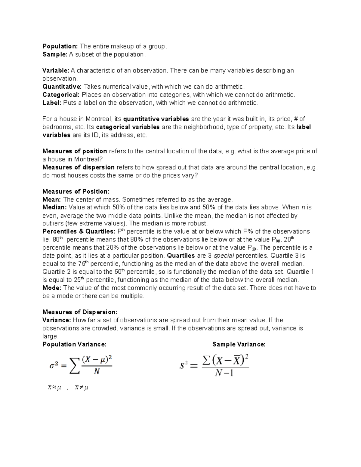 Business Stats Lecture Notes 1 20 Population The Entire Makeup Of A Group Sample A Subset
