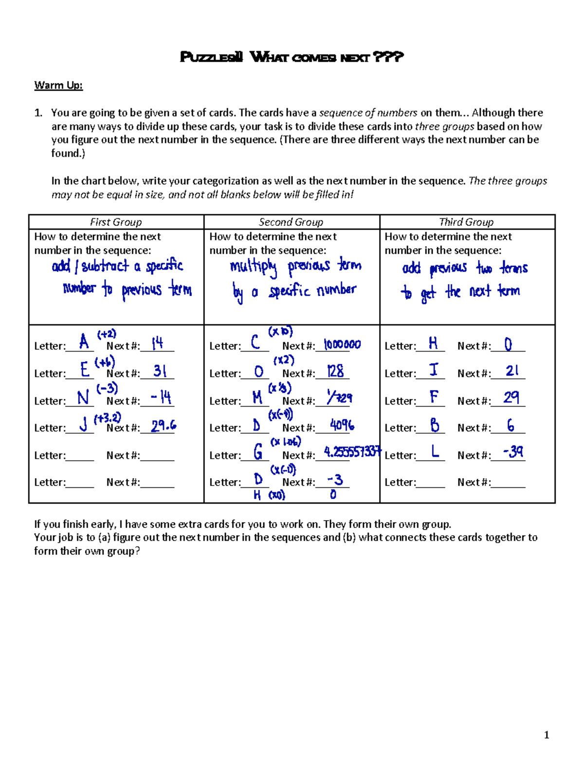 01 Sequences - Card Sort - solutions - PUZZLES!! WHAT COMES NEXT ...