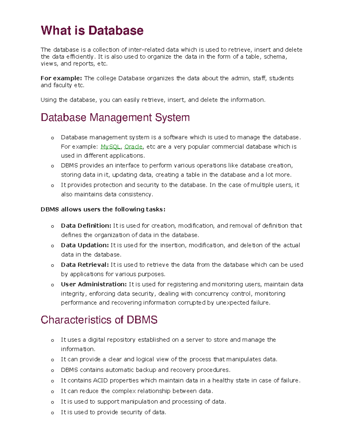 DBMS - dbms - What is Database The database is a collection of inter ...