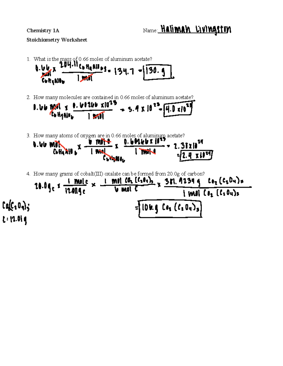 Stoichiometry Worksheet S22 - Chemistry 1A Name: Stoichiometry ...