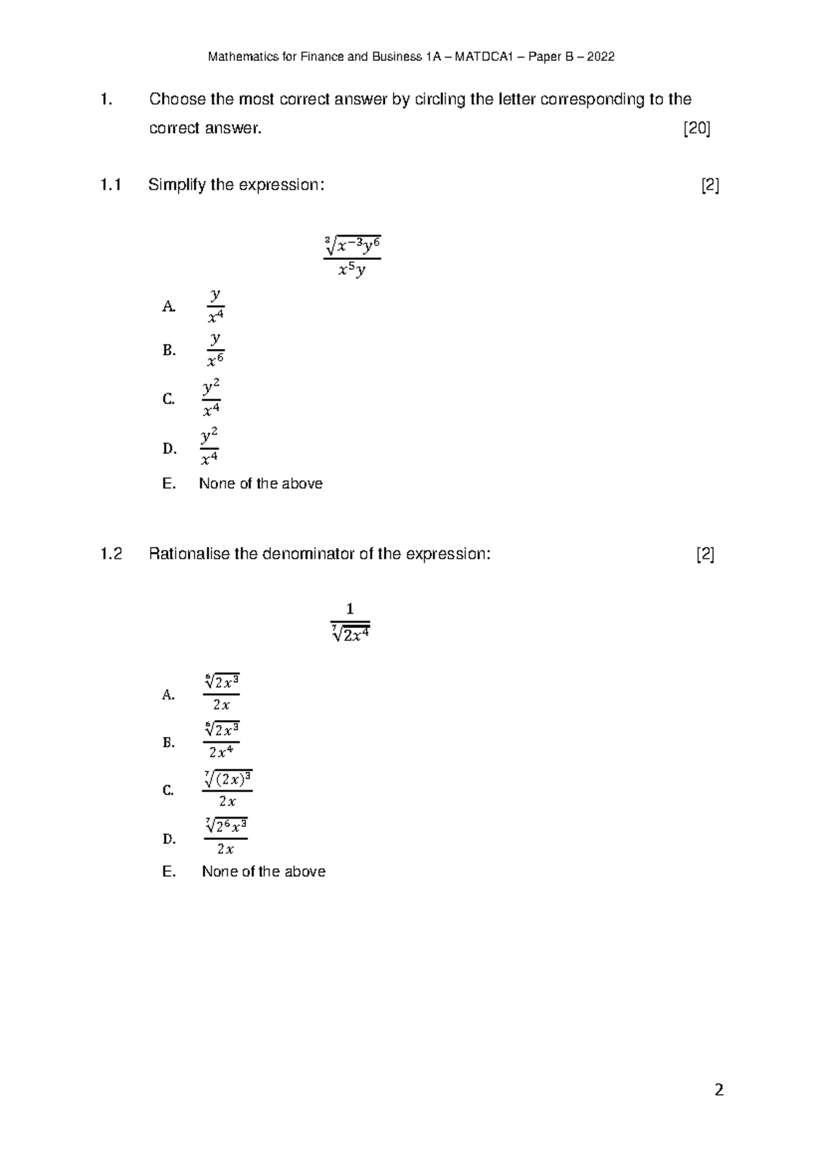Matdca 1 - Question papers - Choose the most correct answer by circling ...