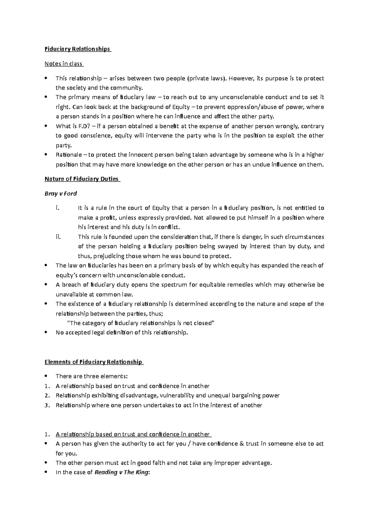 Fiduciary Relationships - Fiduciary Relaionships Notes in class This ...