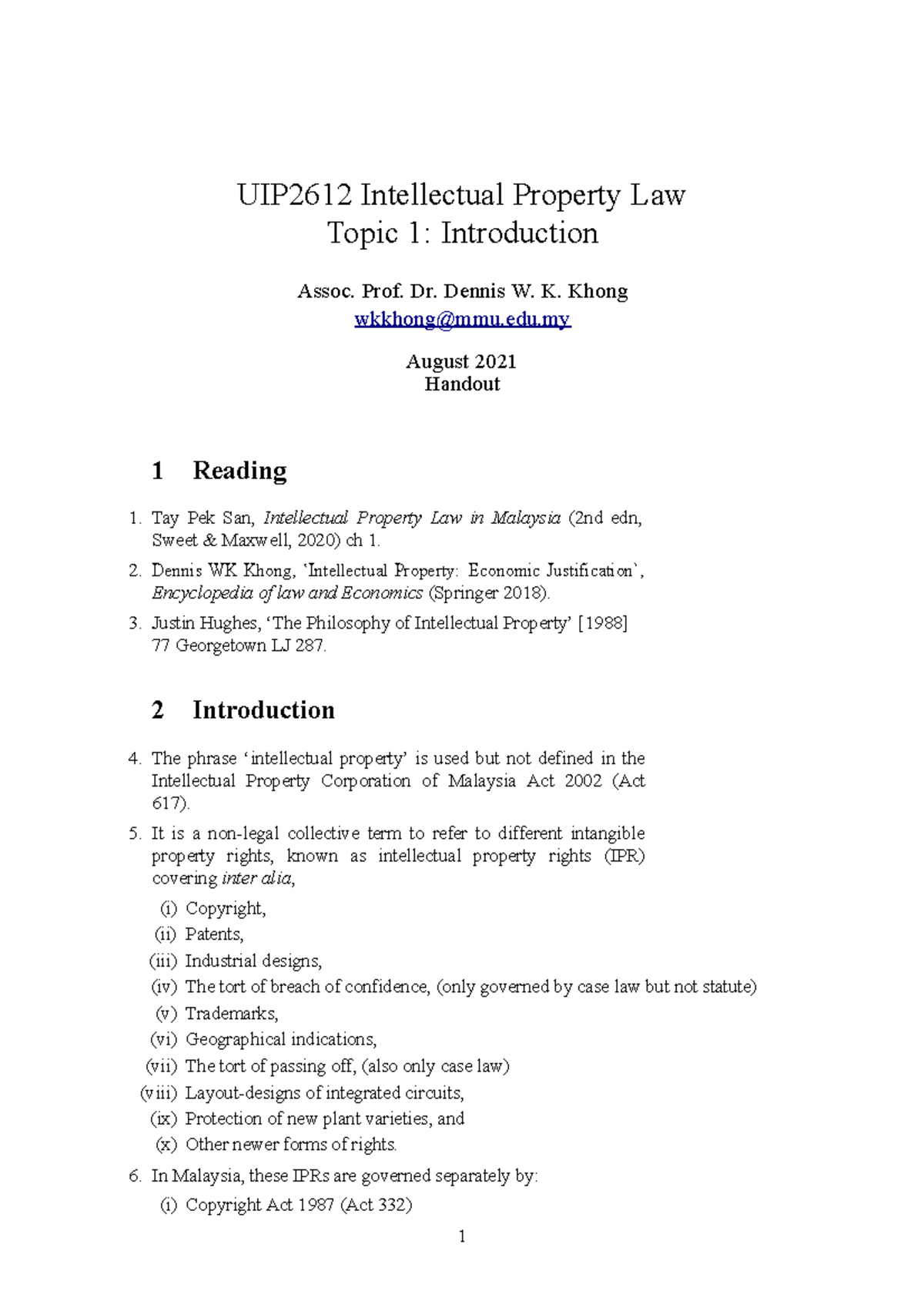 Topic 1 - Introduction - Handout - UIP2612 Intellectual Property Law ...