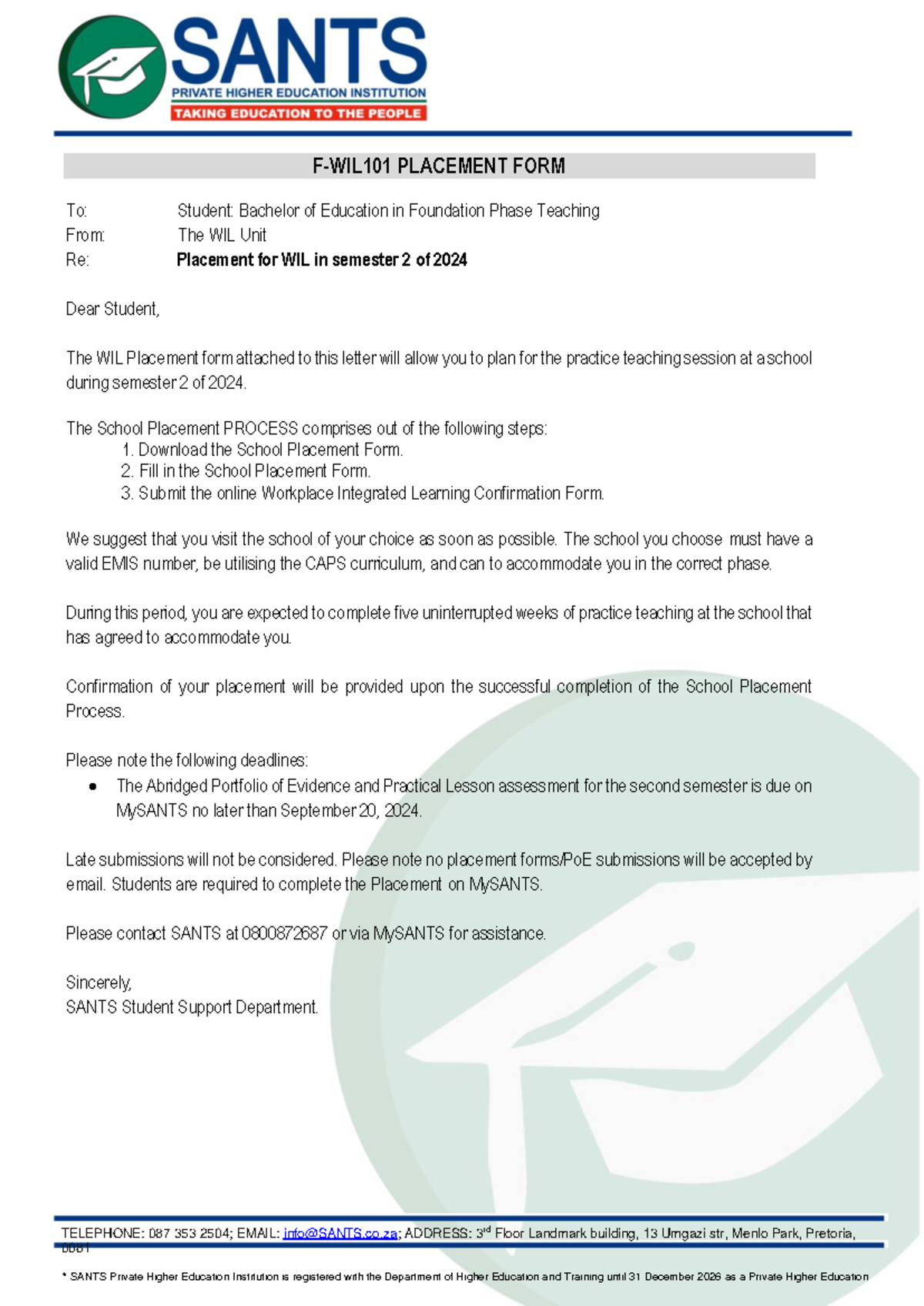 F WIL101 Placement FORM – S2 - TELEPHONE: 087 353 25 04 ; EMAIL: info ...