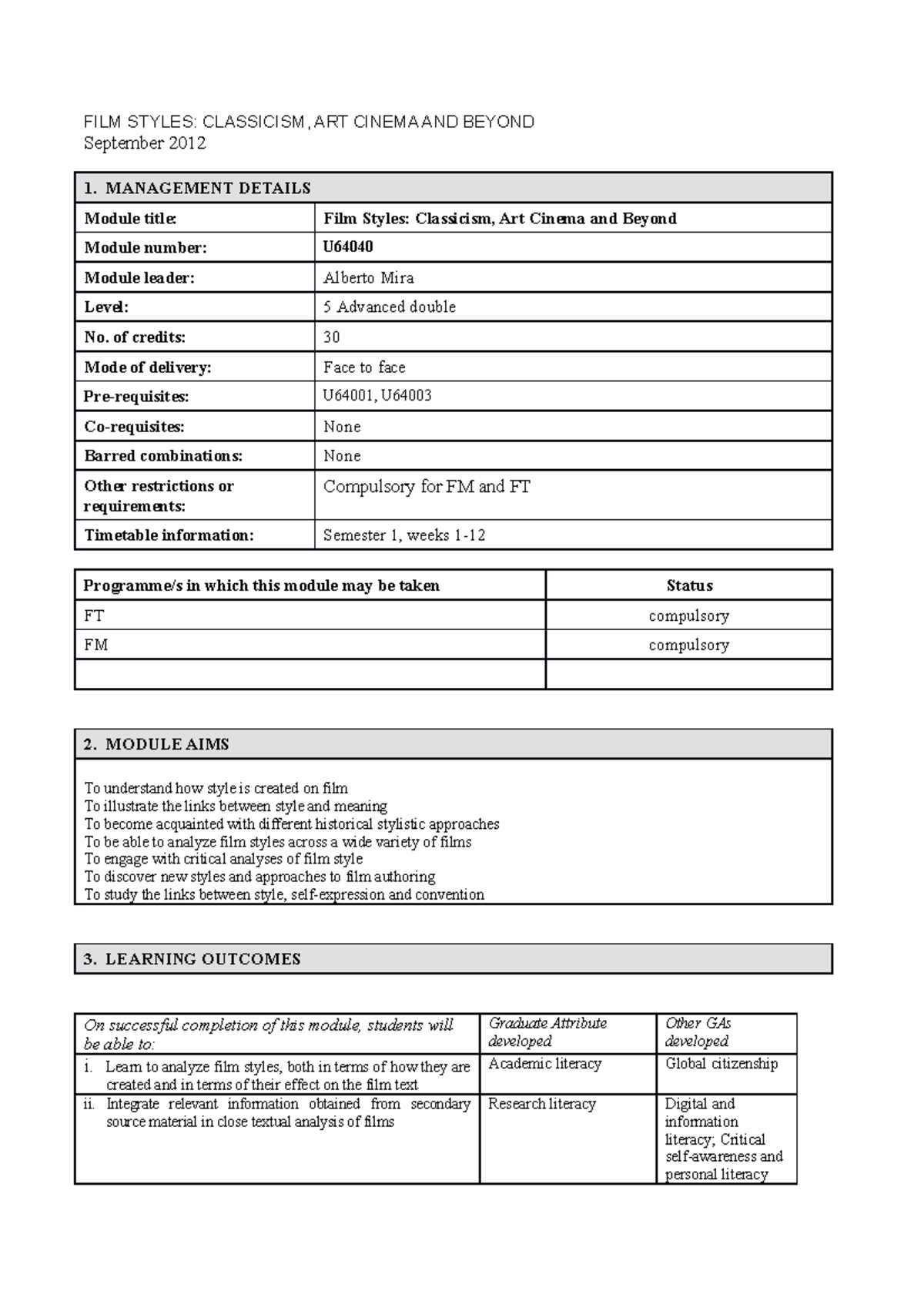 Film Styles Classicism, Art Film and Beyond 2012 Module Guide - FILM ...