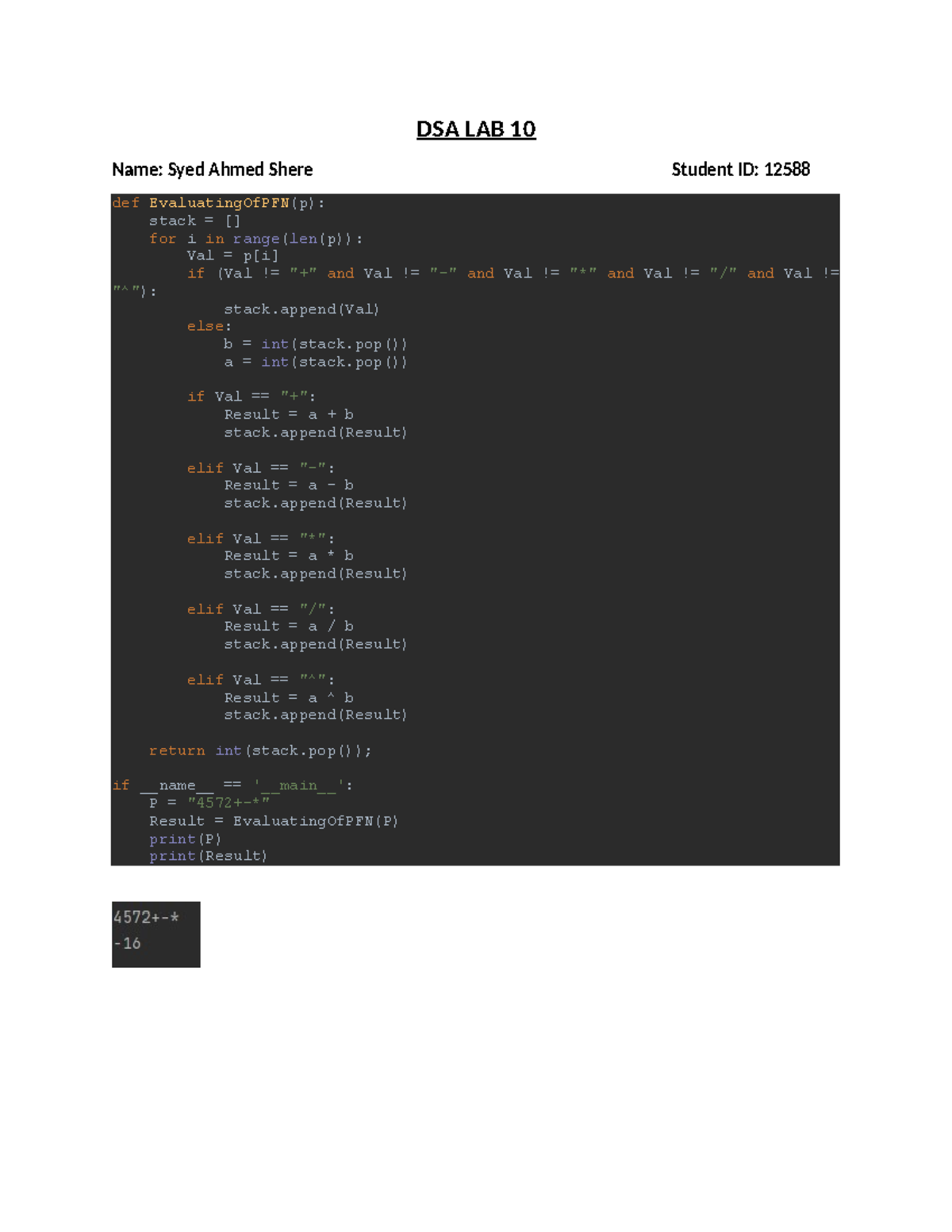 12588 Syed Ahmed Shere DSA LAB 10 - DSA LAB 10 Name: Syed Ahmed Shere Student ID: 12588 def ...