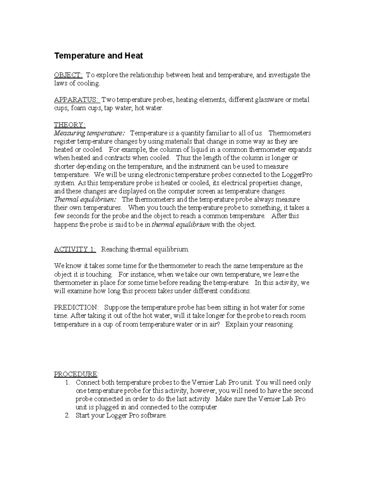 Lab 11 Temperature and Heat - Temperature and Heat OBJECT: To explore ...