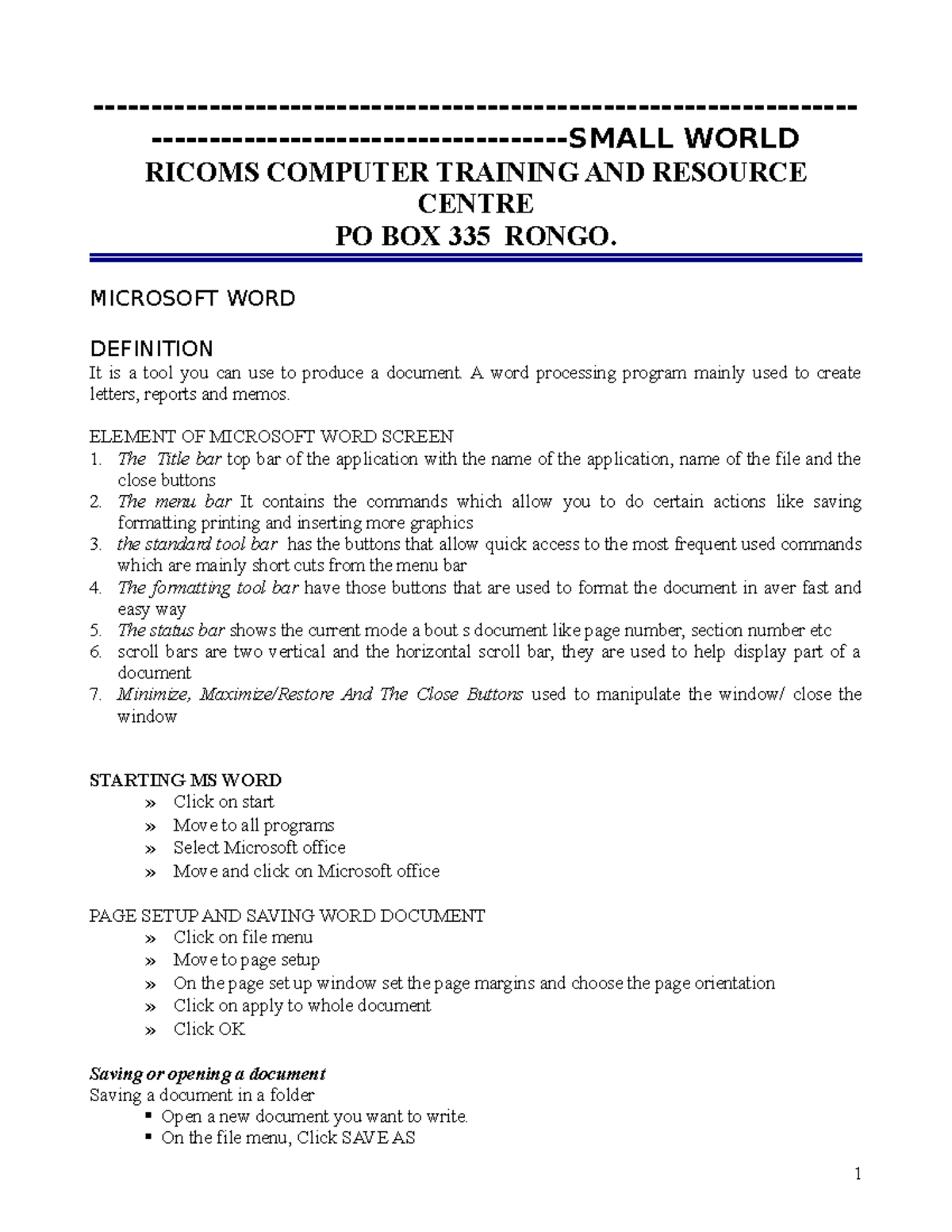Ms Word - Ms. Word -SMALL WORLD RICOMS COMPUTER TRAINING AND RESOURCE ...