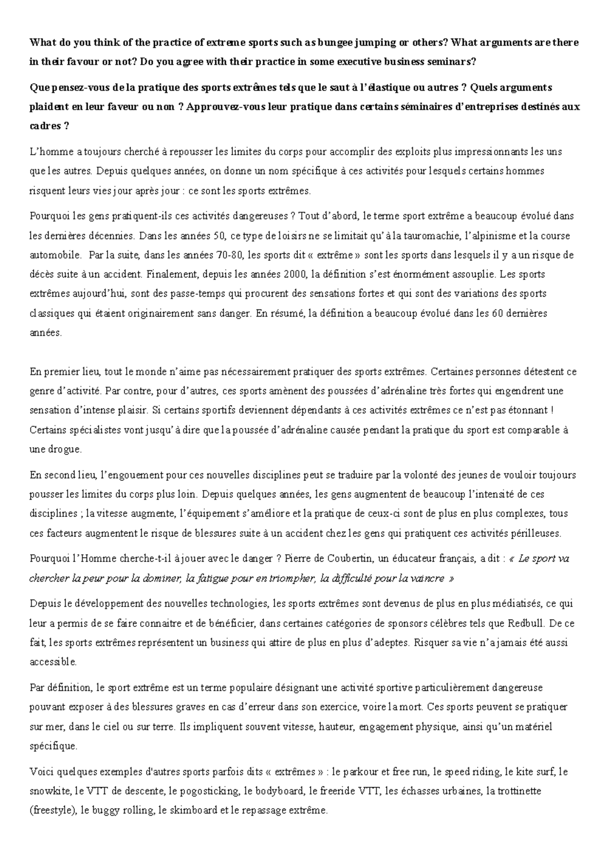 Essay 84 - LES Sports Extremes - What do you think of the practice of ...