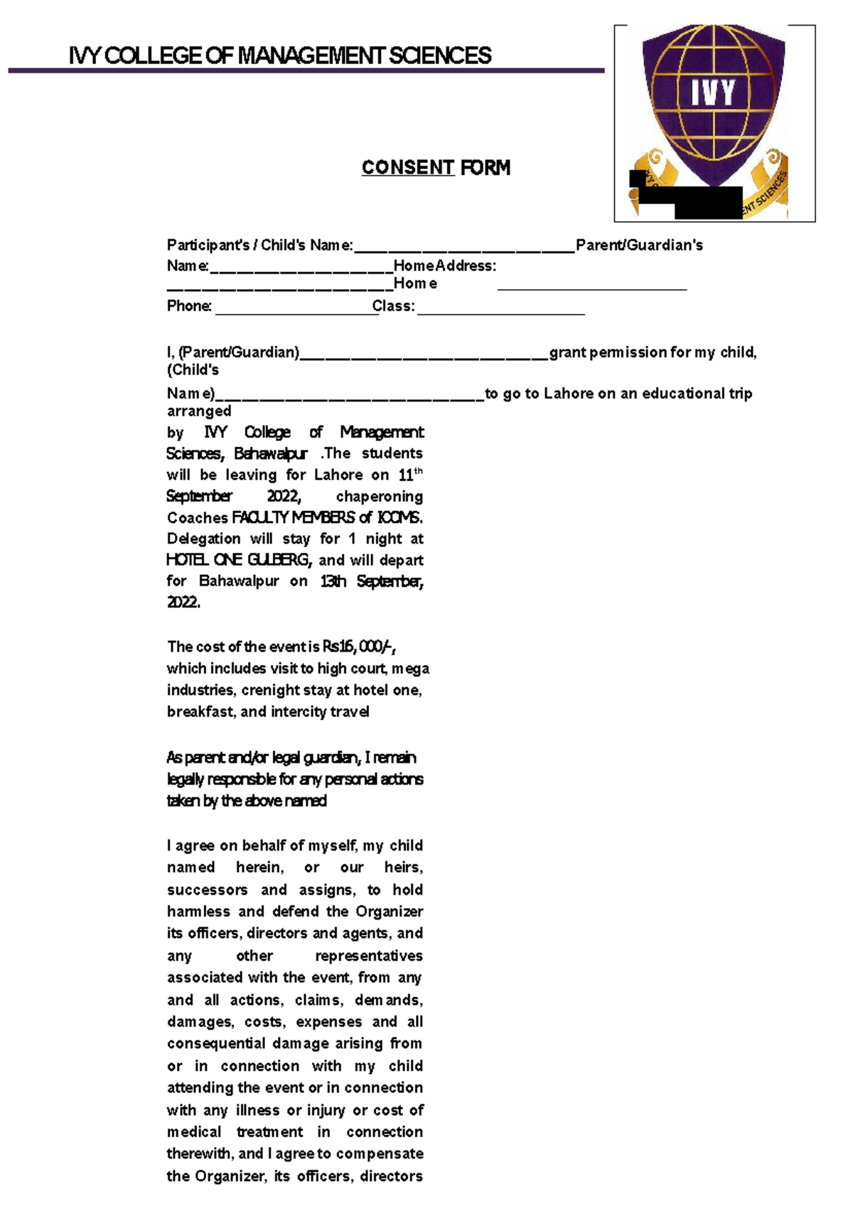 Consent letter - IVY COLLEGE OF MANAGEMENT SCIENCES CONSENT FORM ...