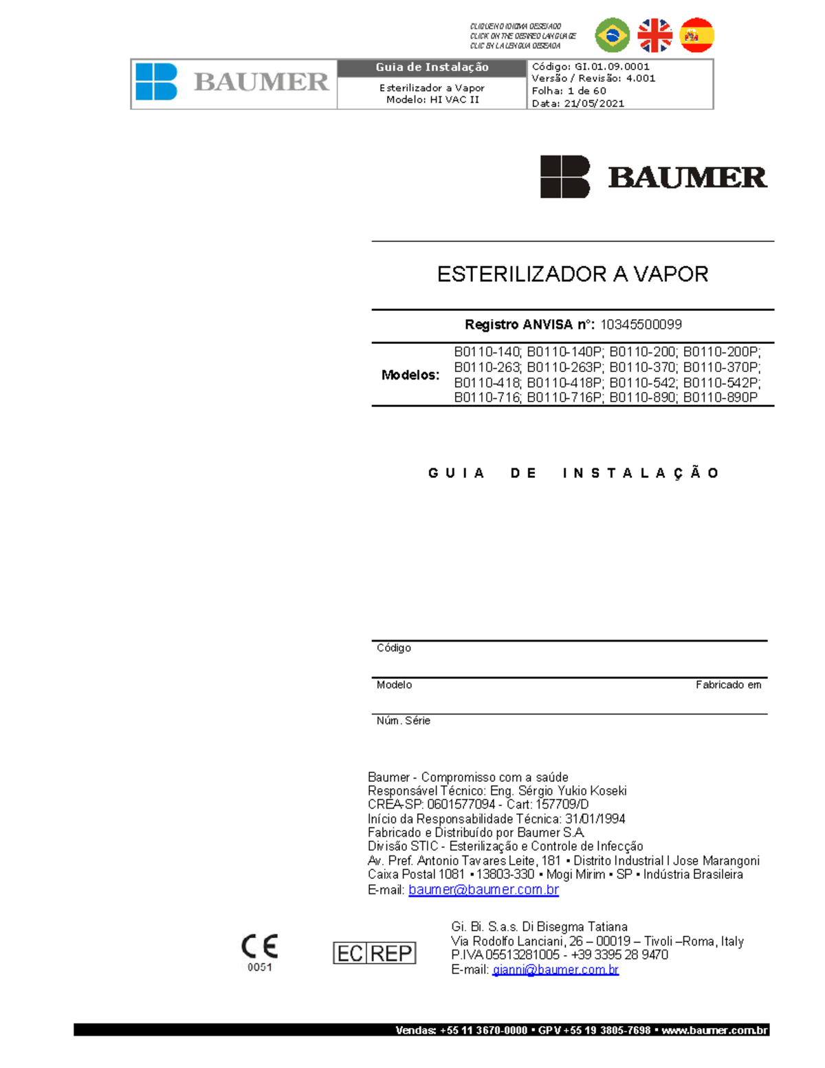 Instalação autoclaves Baumer - Guia de Instalação Código: GI.01. Versão ...