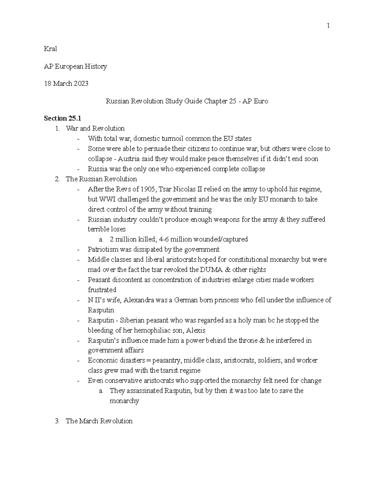 Russian Revolution Study Guide Chapter 25 - AP Euro - 1. War and ...