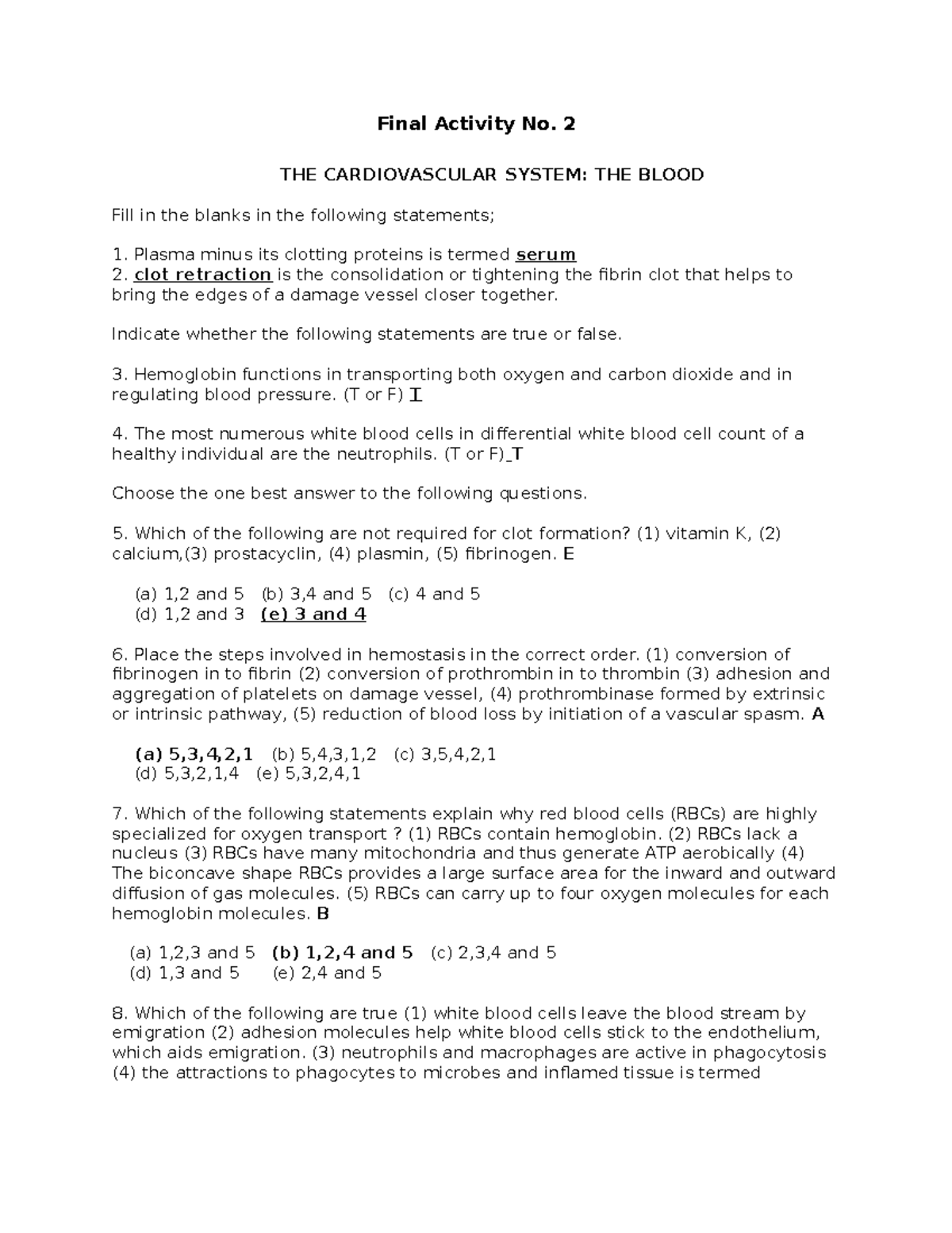 Activity - Cardiovascular System (Blood) - Final Activity No. 2 THE ...
