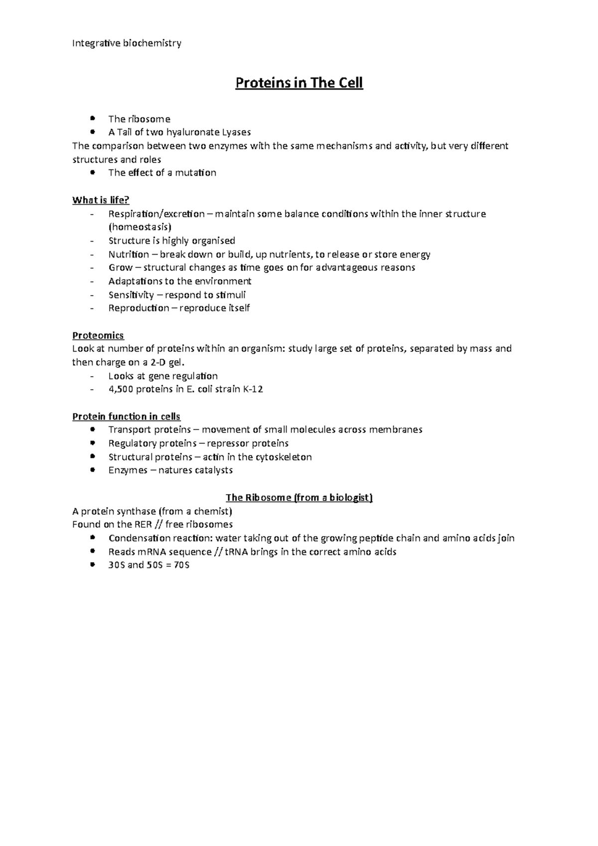 Proteins in the cell - notes - Integrative biochemistry Proteins in The ...
