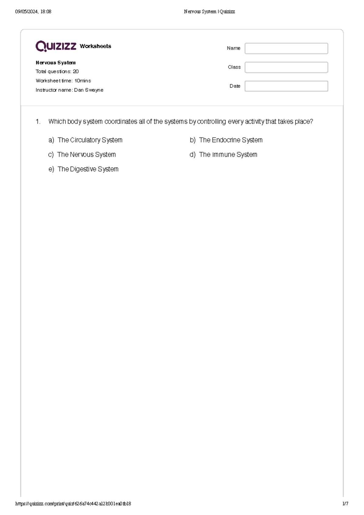 Nervous System Quizizz 3 - Worksheets Nervous System Total questions ...
