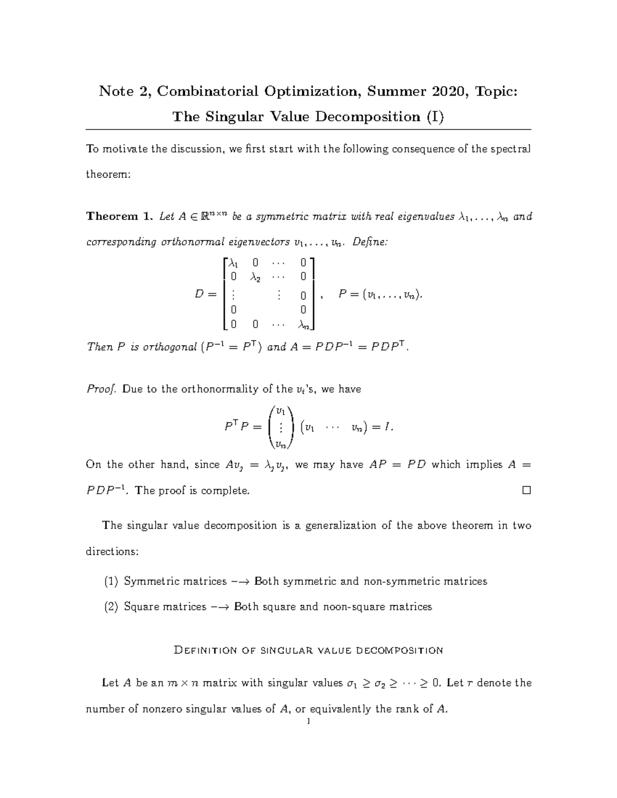 Note4 - The Singular Value Decomposition (II) - Note 2, Combinatorial Optimization, Summer 2020 ...