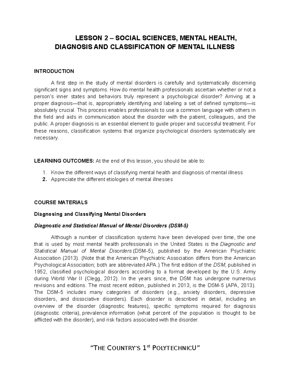 Lesson 2 DMH - disaster - LESSON 2 – SOCIAL SCIENCES, MENTAL HEALTH ...