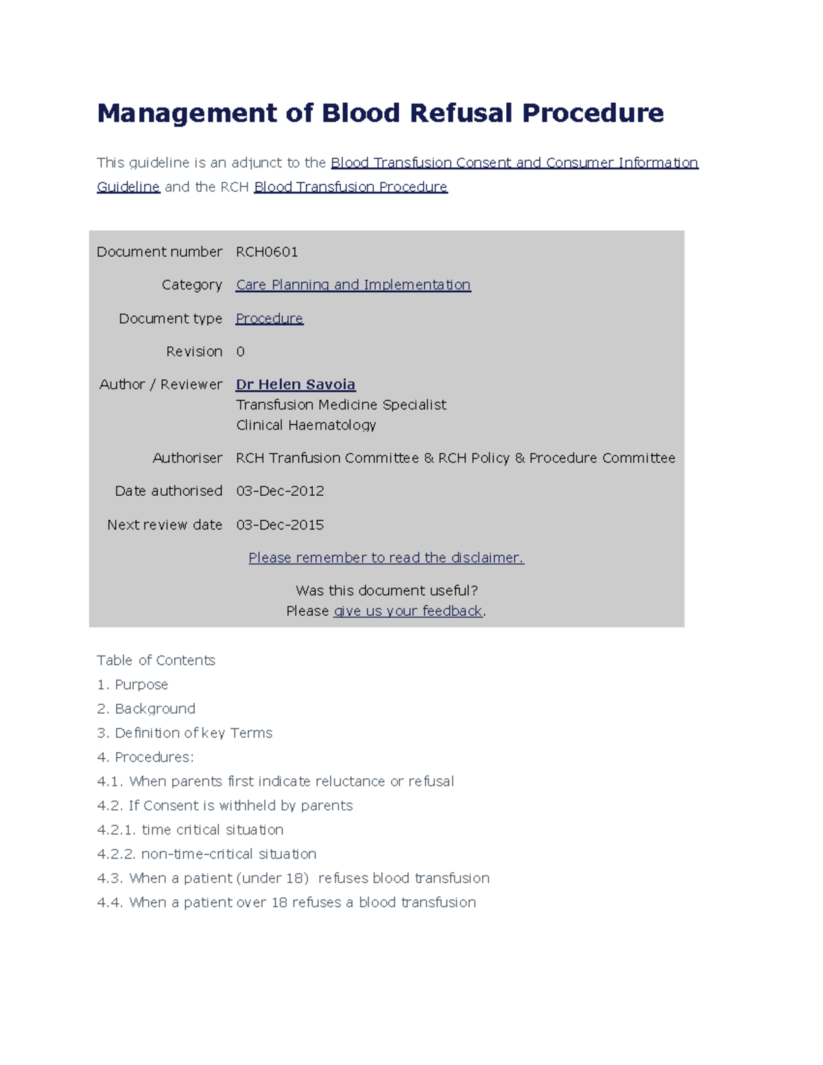 Blood refusal RCH - PDF - Management of Blood Refusal Procedure This ...