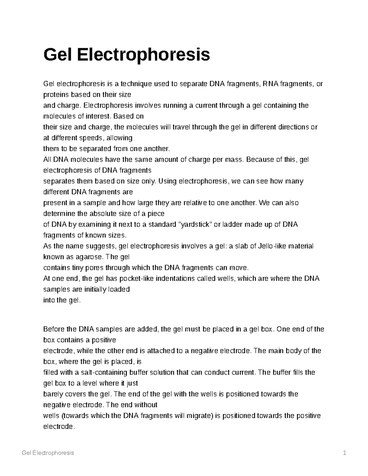 Gel Electrophoresis - In class notes - Gel Electrophoresis 1 Gel ...