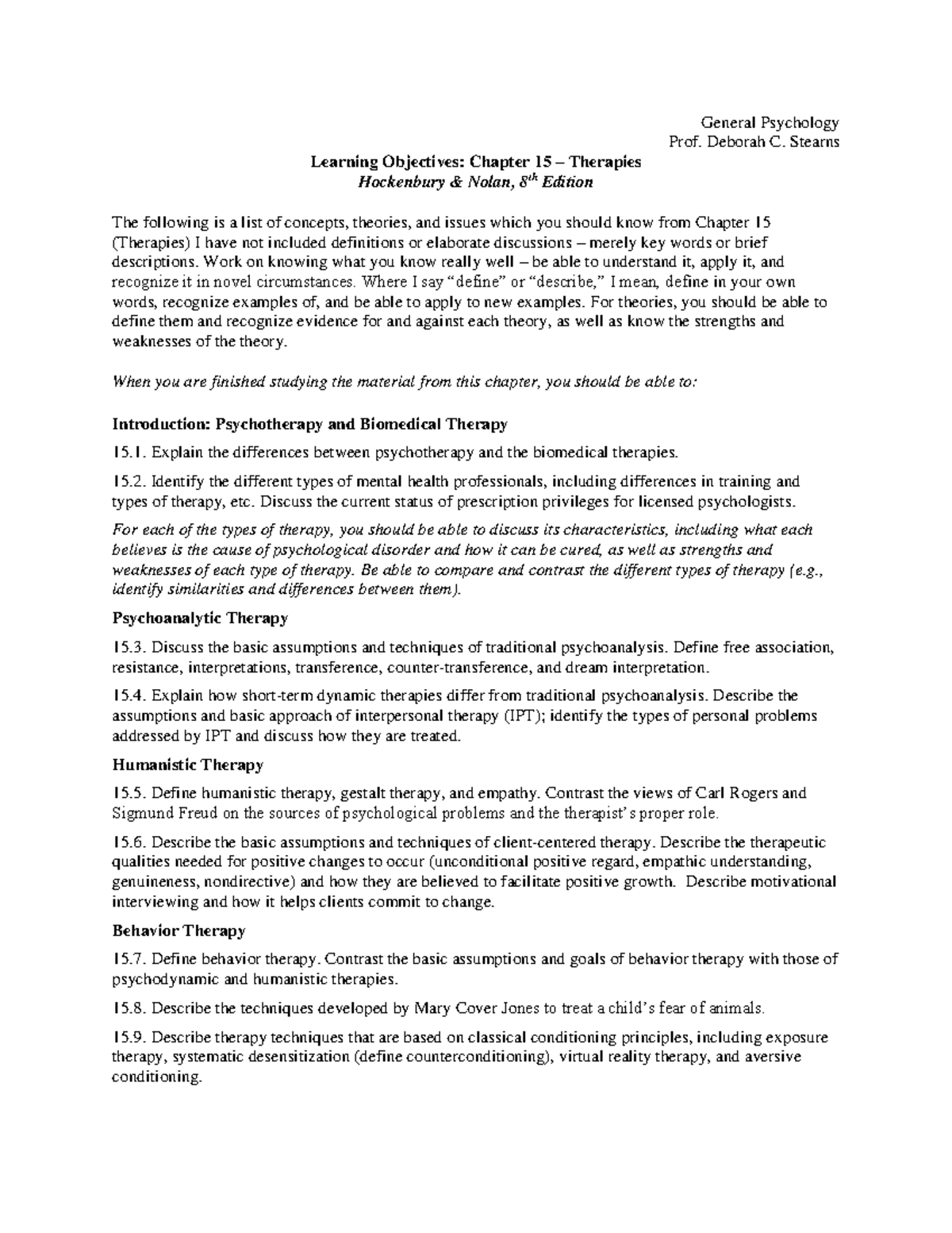 Textbook Learning Objectives Ch 15 - General Psychology Prof. Deborah C ...