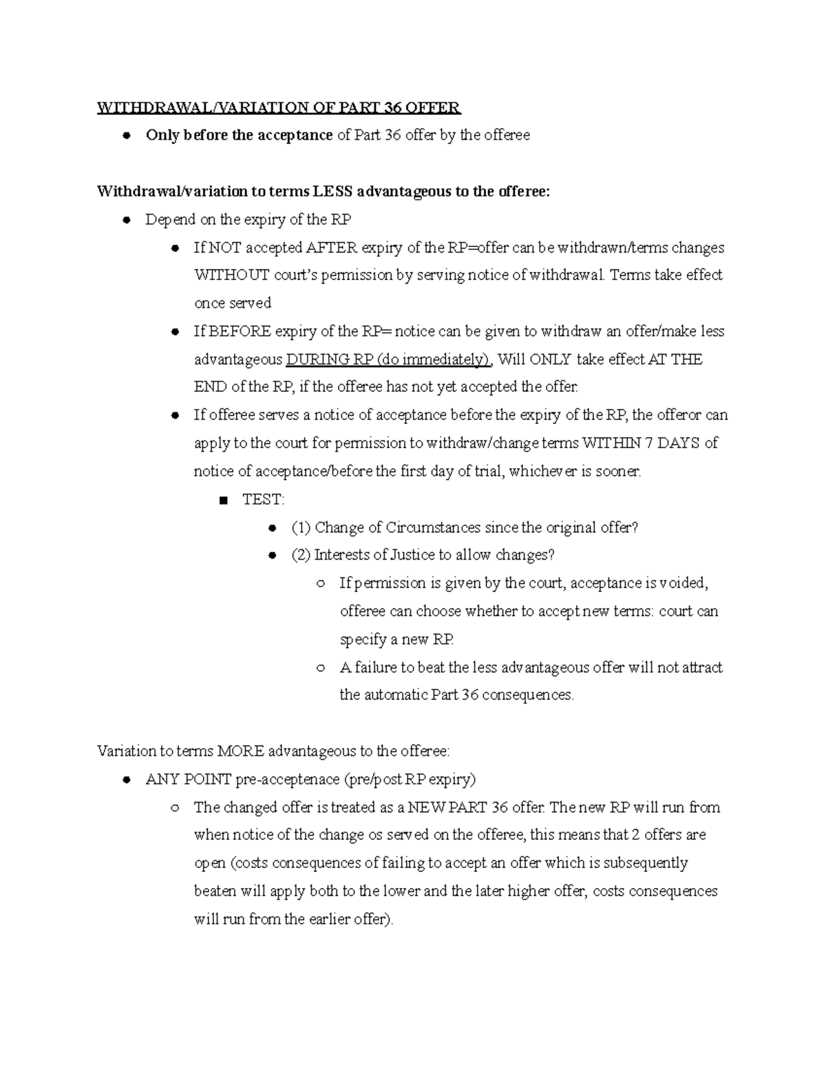 Civil Unit 7 Revision - WITHDRAWAL/VARIATION OF PART 36 OFFER Only ...