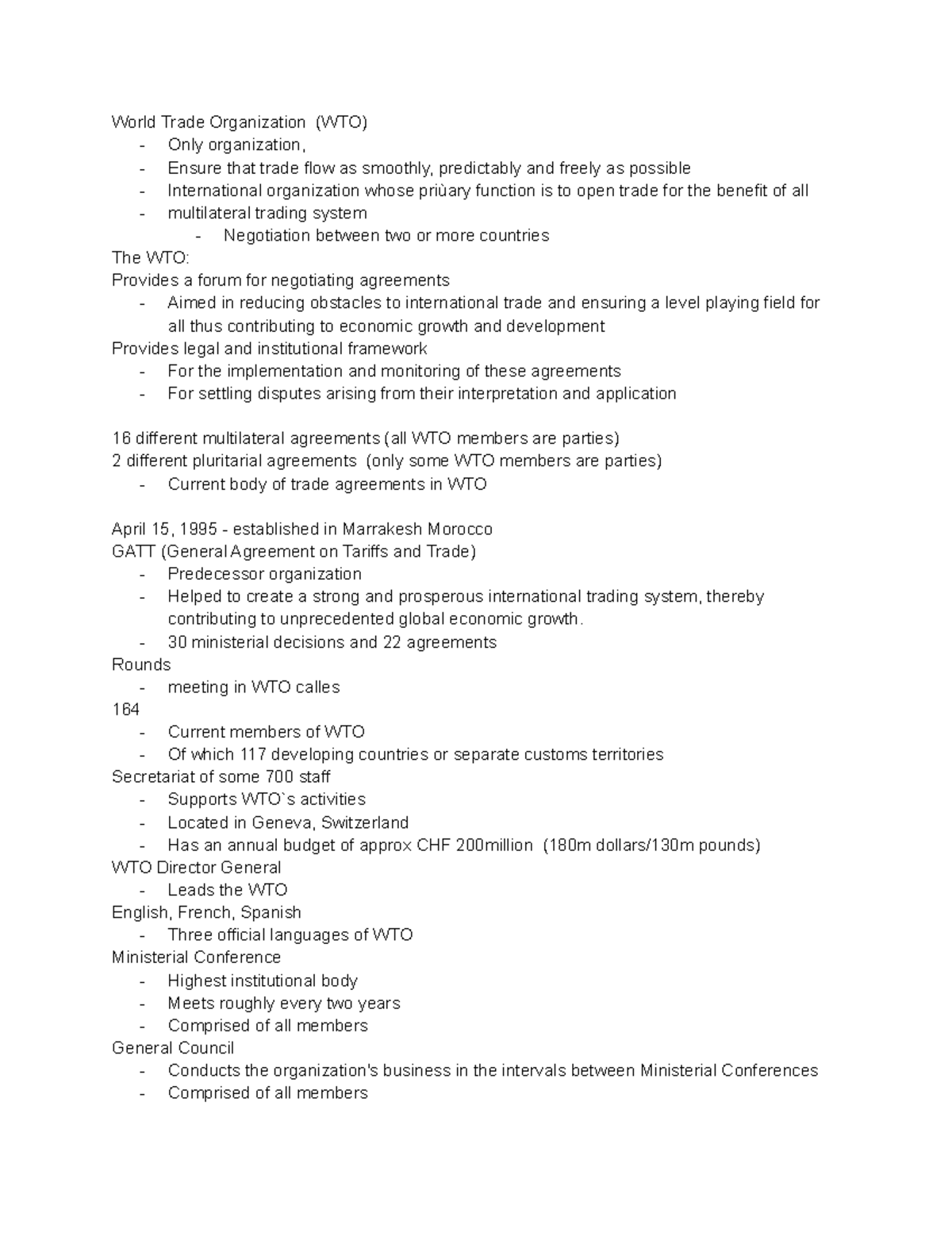 M2 notes - World Trade Organization (WTO) - Only organization, - Ensure ...