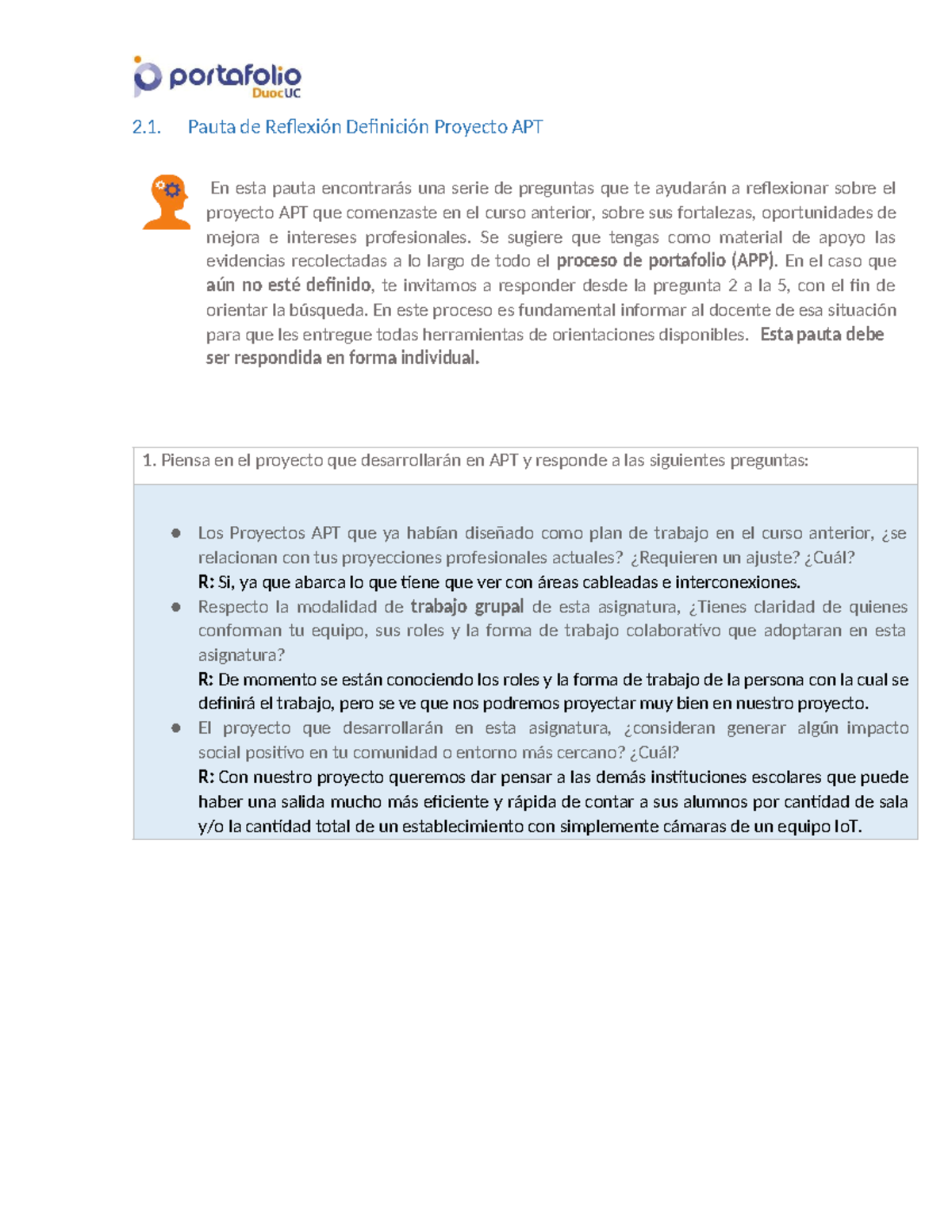 Pauta de Reflexión Definición Proyecto APT - (Bryan Méndez) - 2. Pauta ...