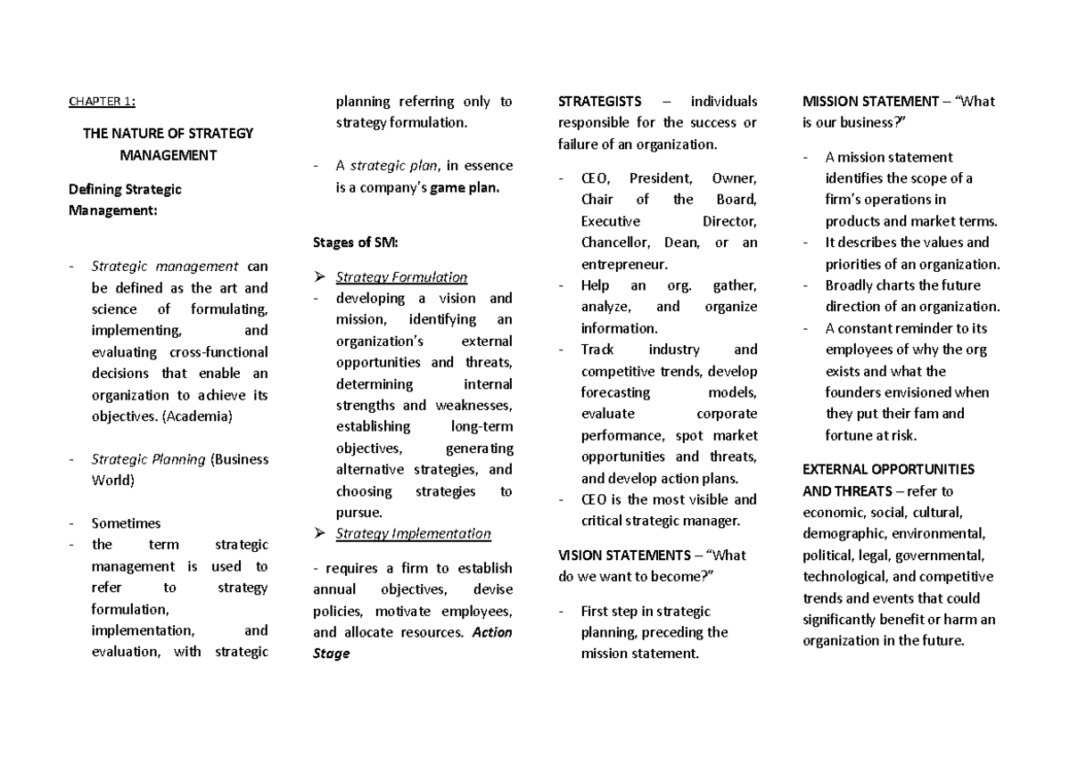 Chapter 1; Strategic Management Notes (A5 notebook ver) - CHAPTER 1 ...