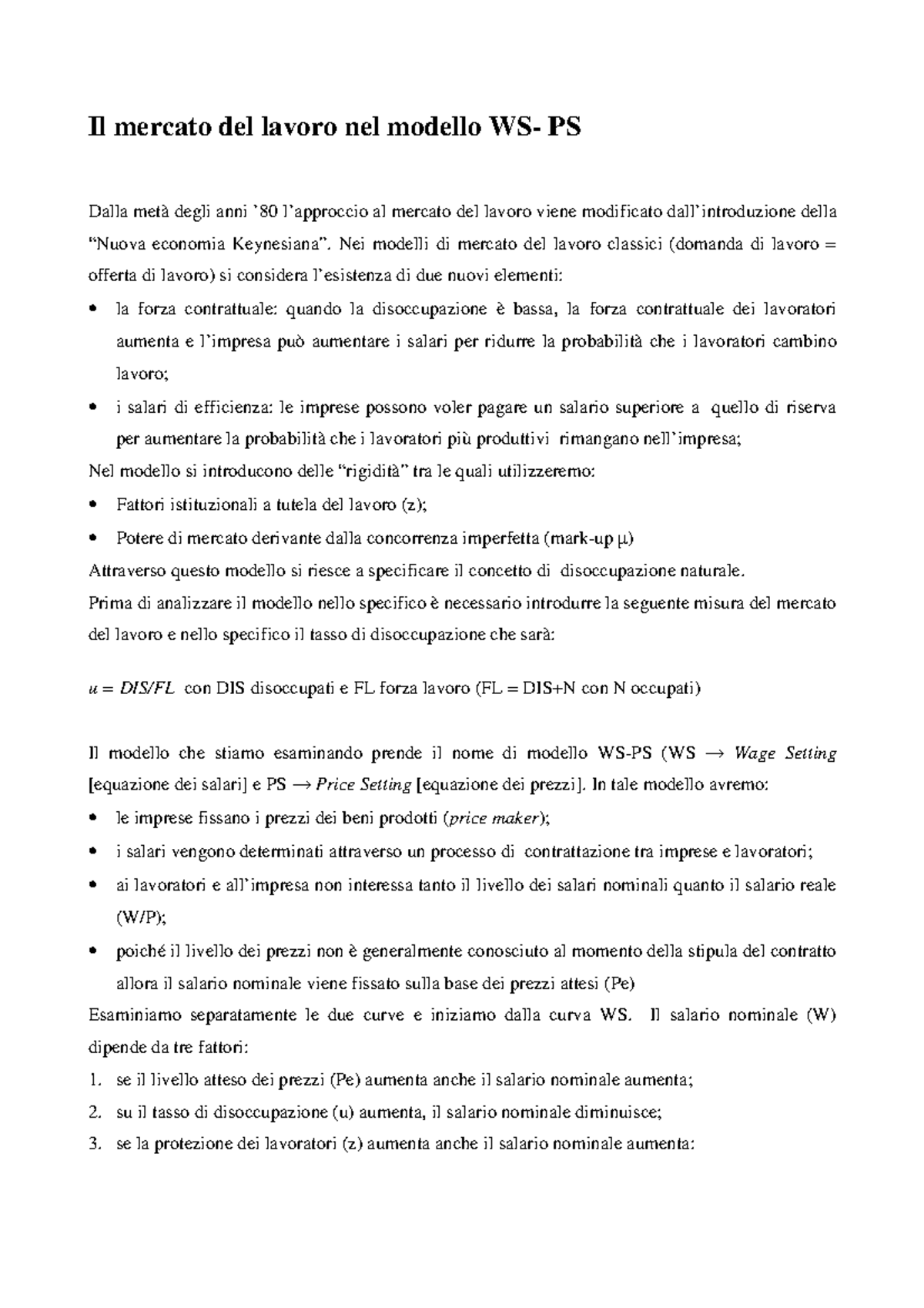 Dispensa 12 - Modello WS-PS - Il mercato del lavoro nel modello WS- PS ...
