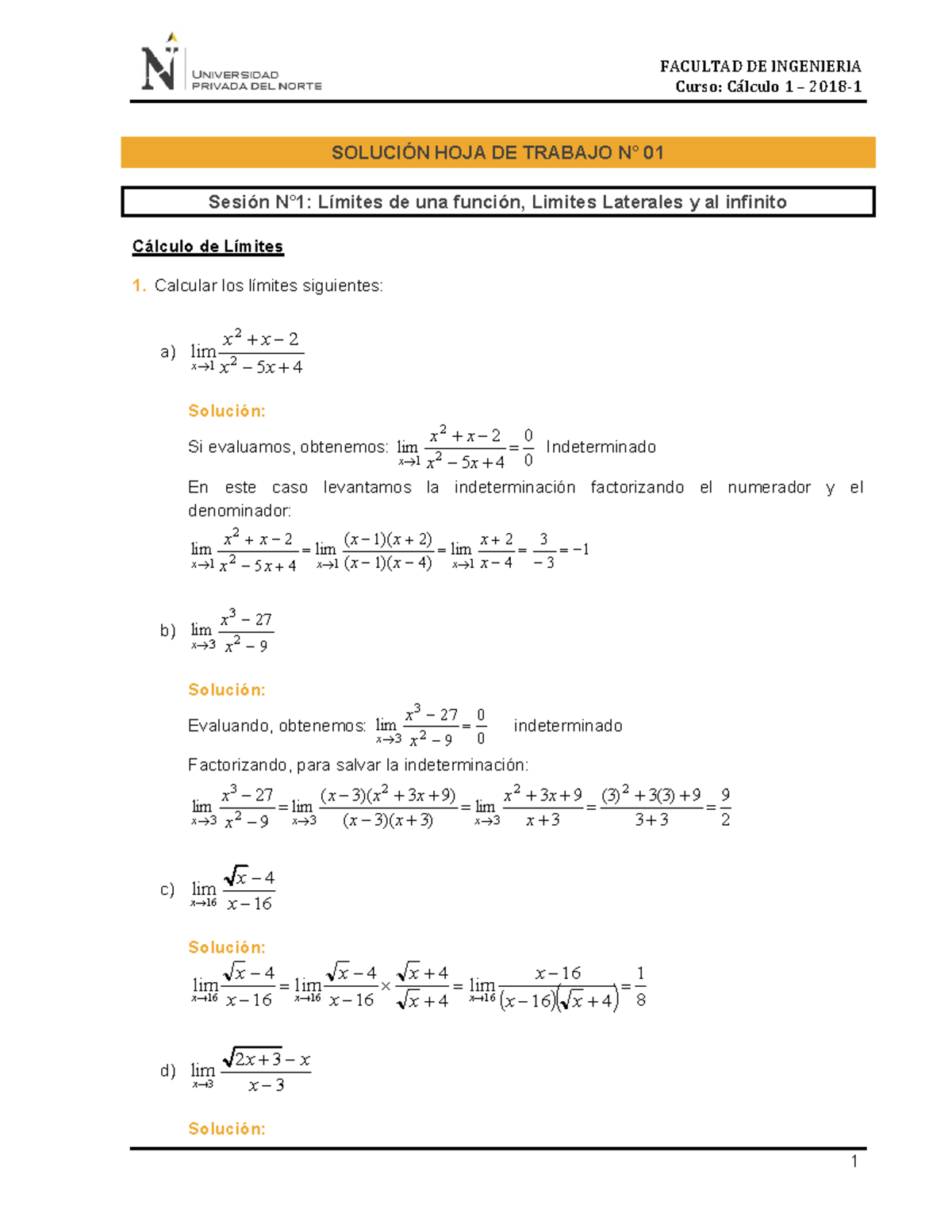 SOL Limites 2018-1 - FACULTAD DE INGENIERIA Curso: Cálculo 1 – 201 8 ...