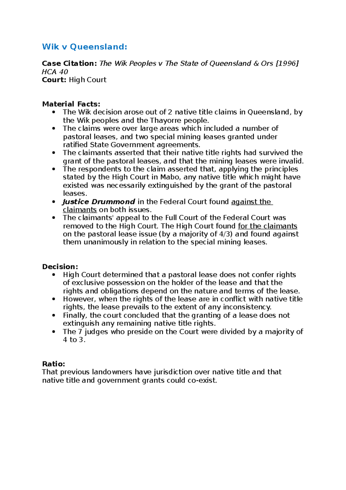 Wik v Queensland Case Summary - Wik v Queensland: Case Citation: The ...