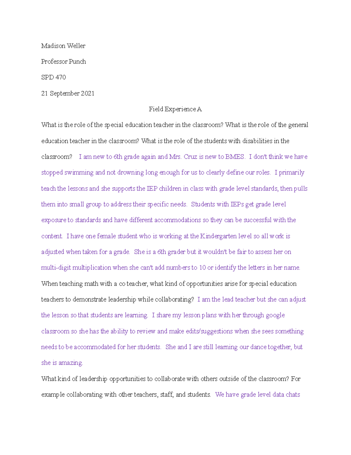 SPD 470 Field Experience A - Madison Weller Professor Punch SPD 470 21 ...