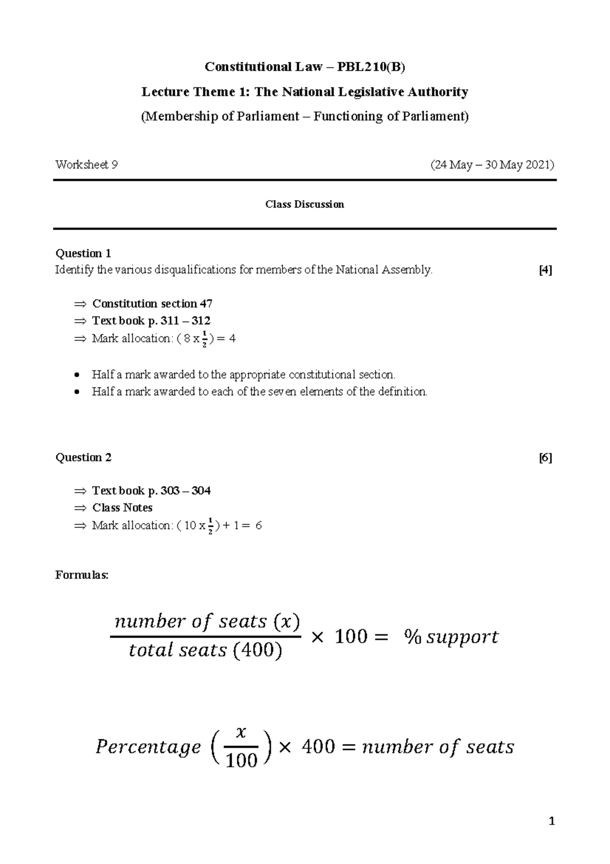 Worksheet 9 - Transparency - Constitutional Law 3 PBL210(B) Lecture ...