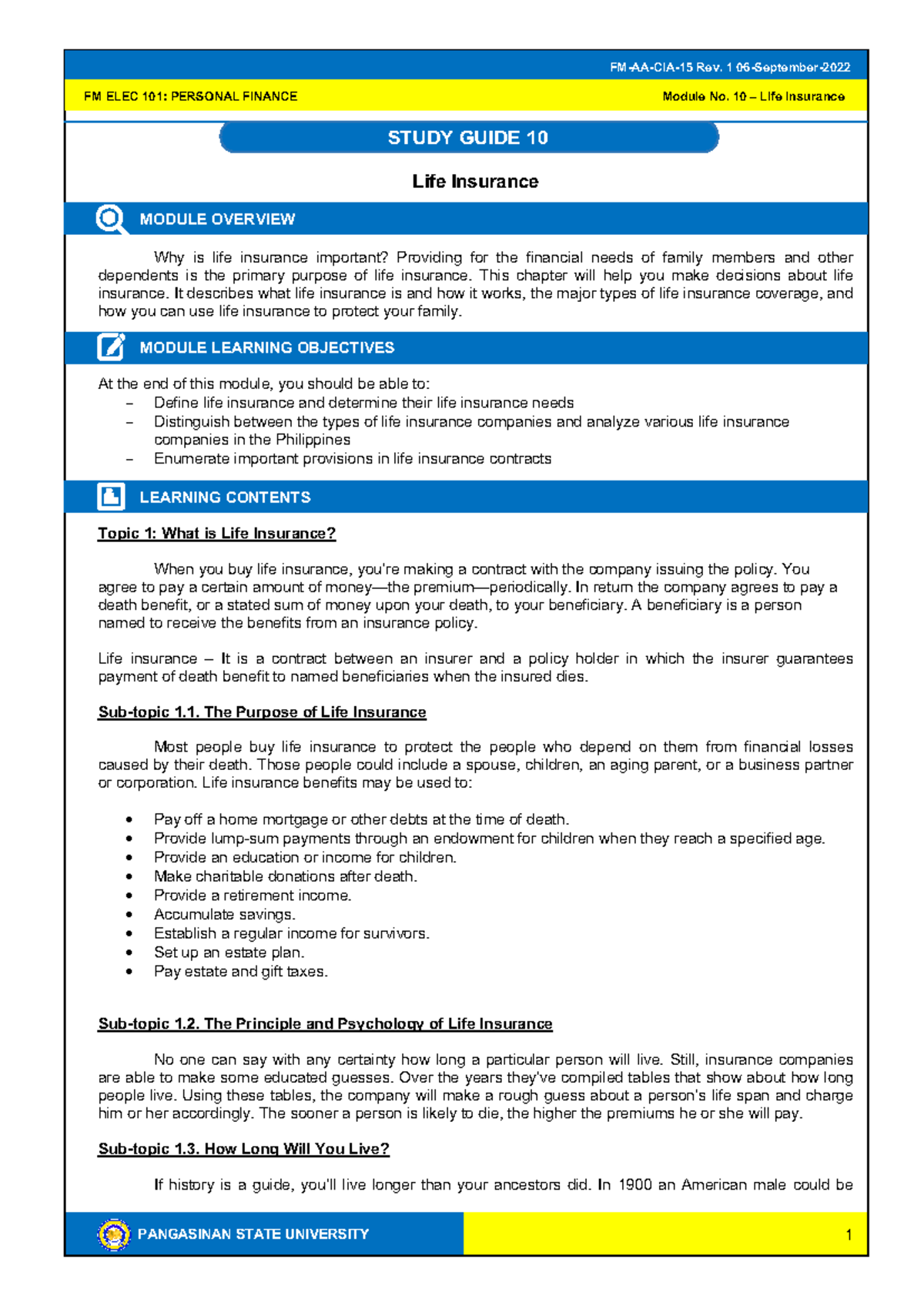 FM-ELEC-101-Personal-Finance Study-Guide-10 - FM ELEC 101: PERSONAL ...