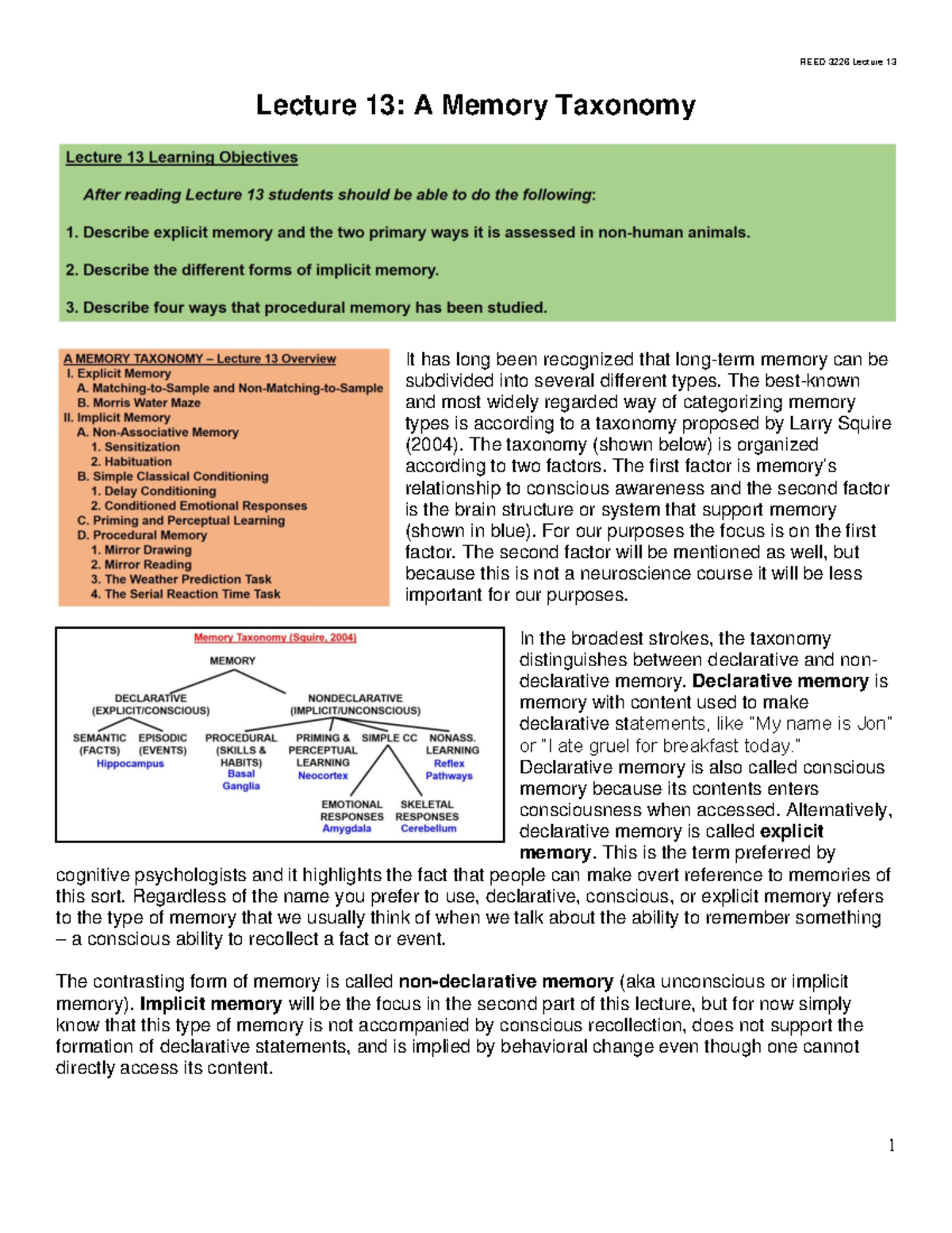 Reed 3226 Lecture 13 A Memory Taxonomy - PSYC 6428 - ECU - Studocu