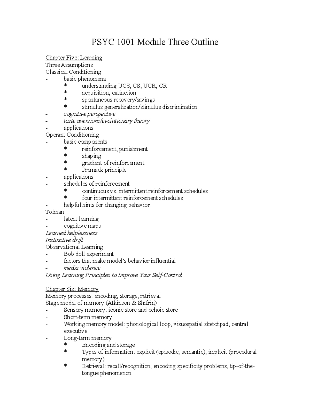 1001 Module Three Outline - PSYC 1001 Module Three Outline Chapter Five: Learning Three ...