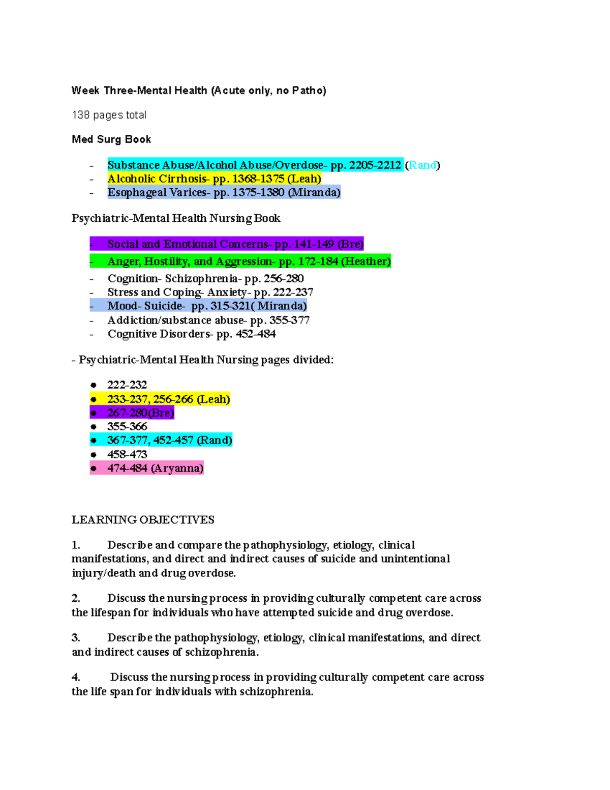 Acute Wk. 3 (No Patho) - Google Docs - Week Three-Mental Health (Acute ...