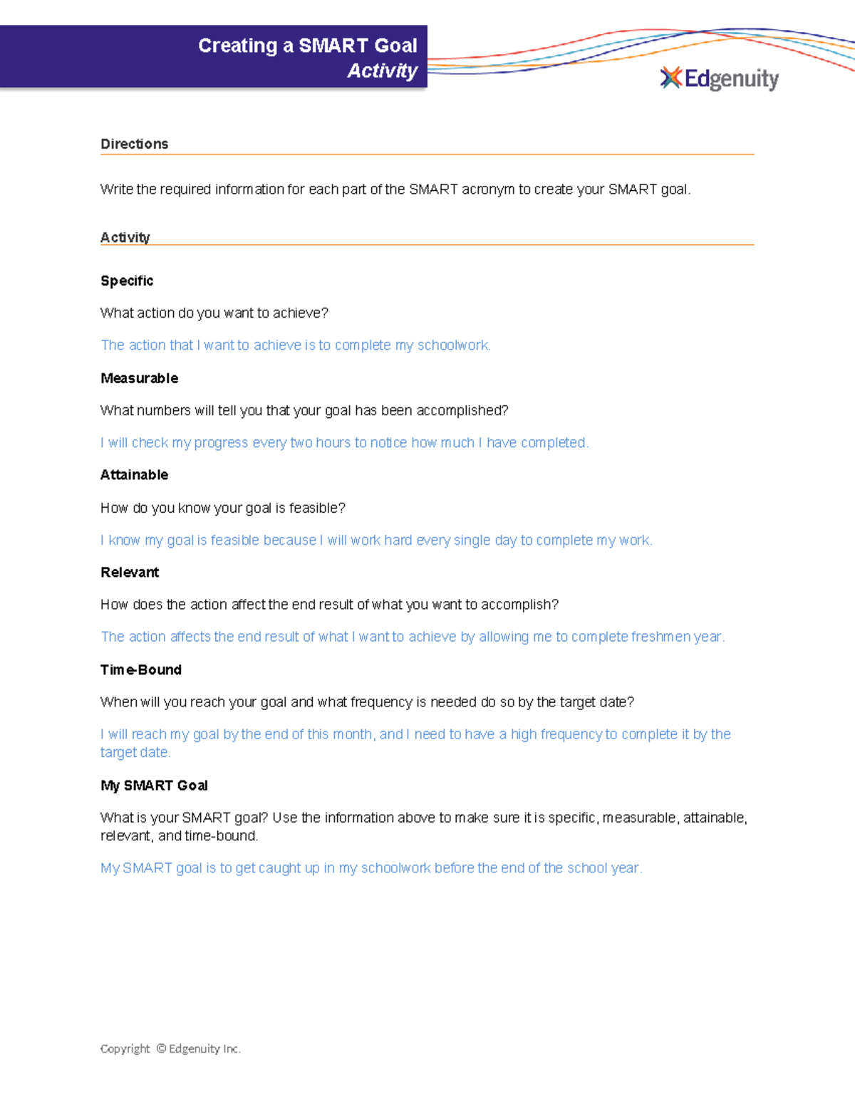 Creating a Smart Goal Activity (1) - Creating a SMART Goal Activity ...